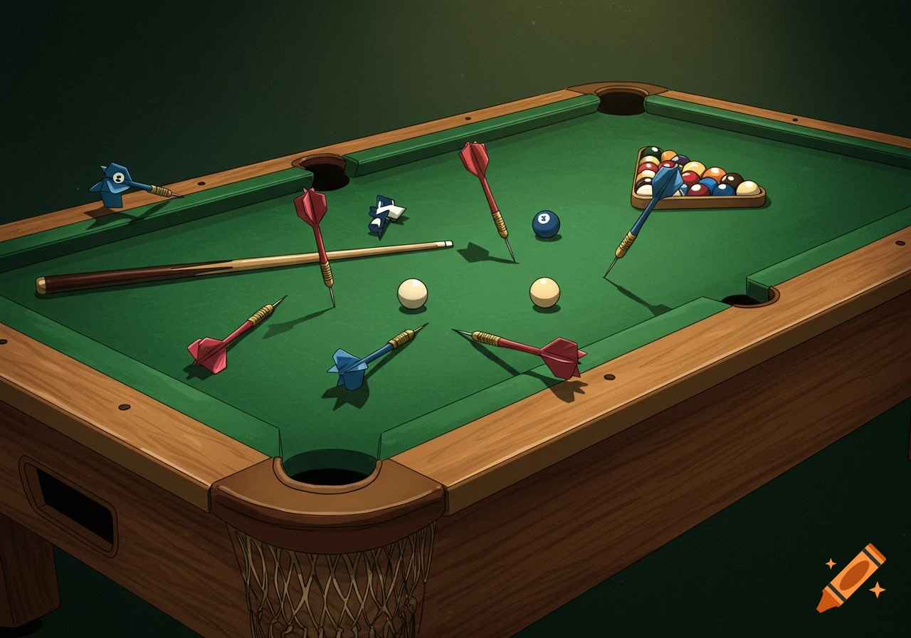A pool table with several darts stuck in the green felt, along with ...