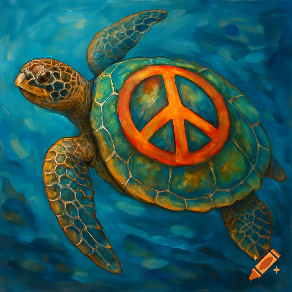 Painterly image of a sea turtle swimming with an orange peace sign on ...