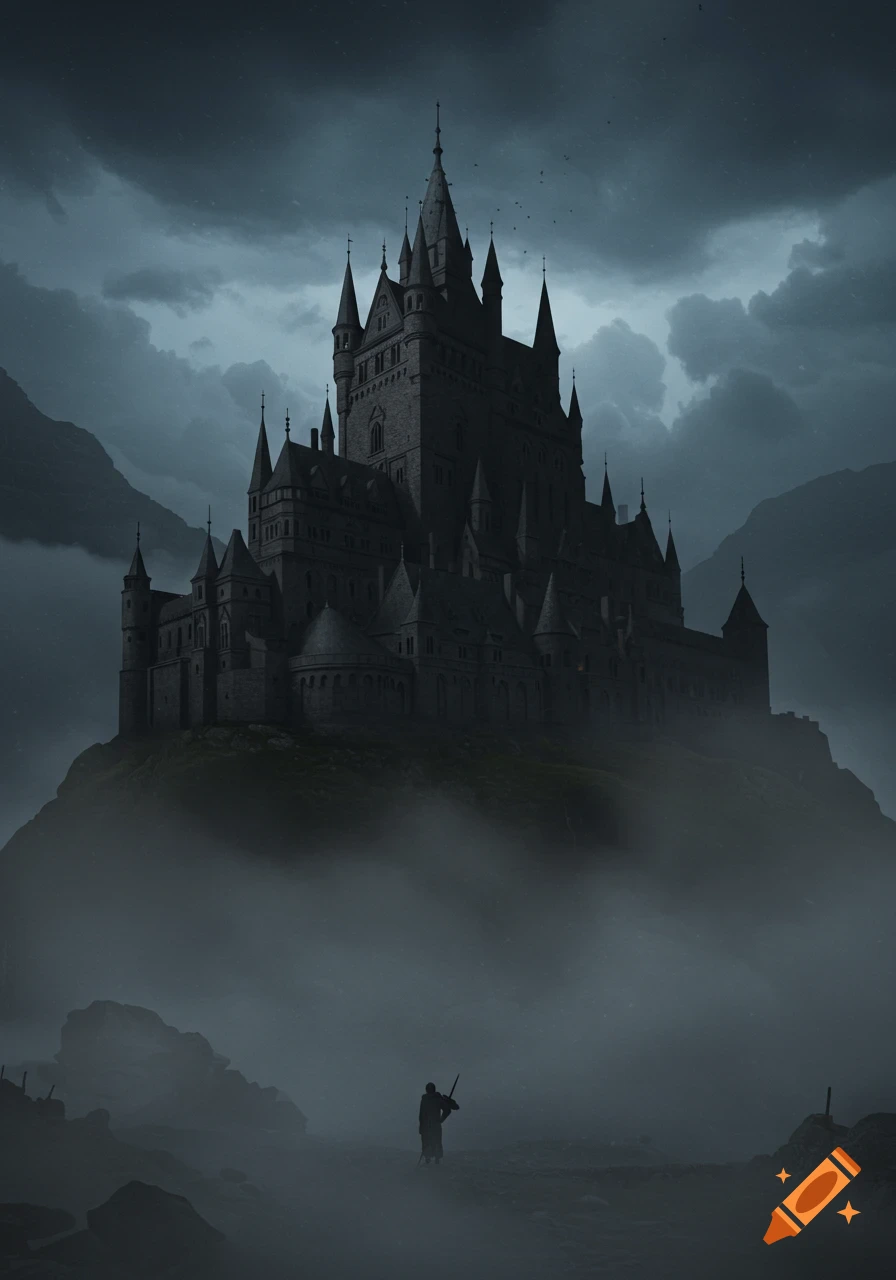 Dark medieval castle on a misty hill under a stormy sky, with a lone ...
