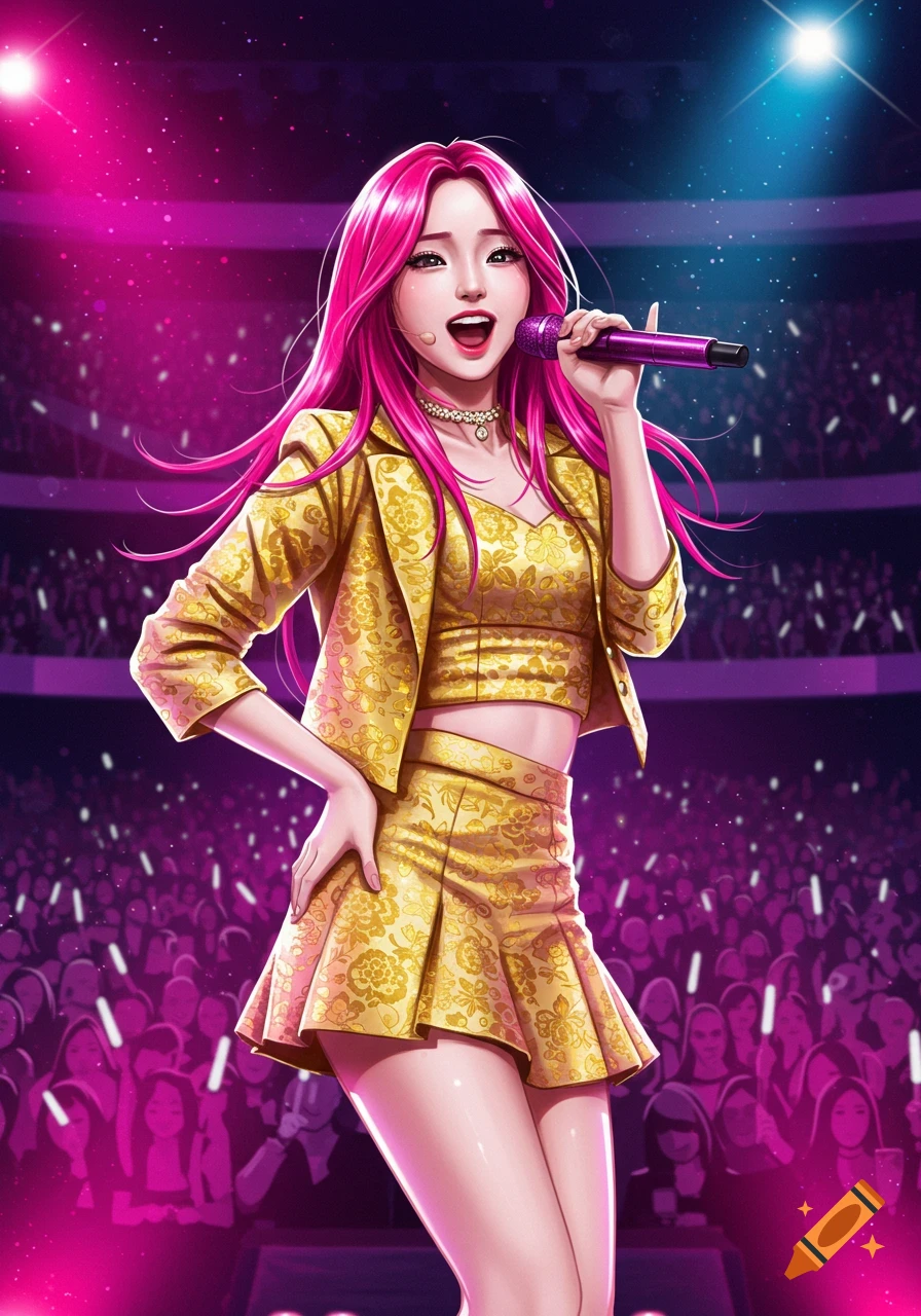 Female kpop idol with pink hair singing on stage in a packed arena ...