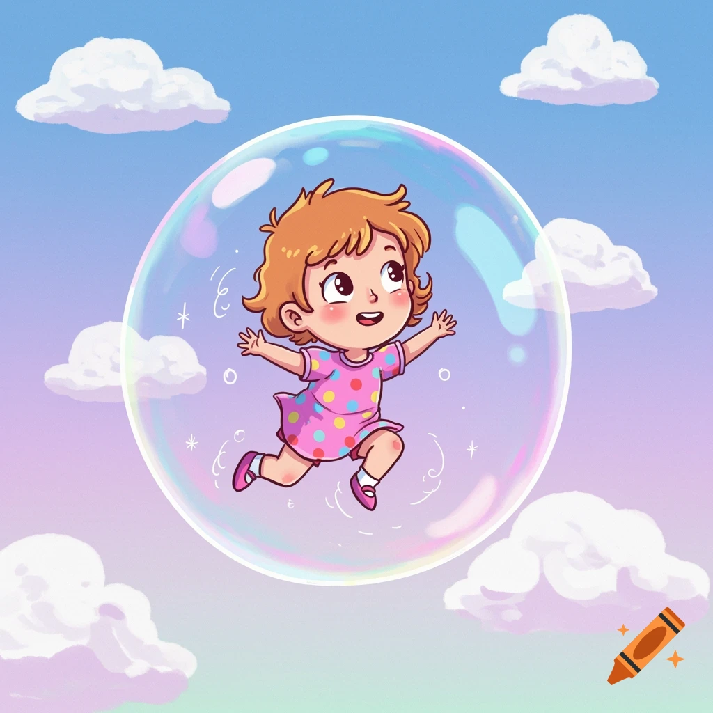 Cartoon illustration of a happy child floating inside a large bubble ...