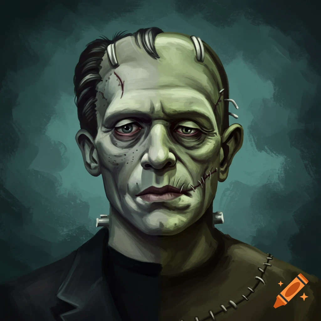 A painted portrait showing a split face: half classic Frankenstein ...