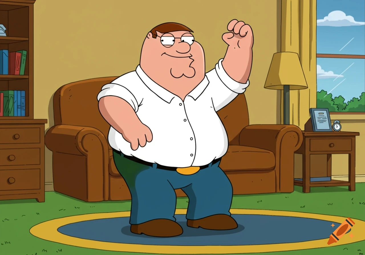 Peter Griffin dancing in a living room in the Family Guy cartoon style ...