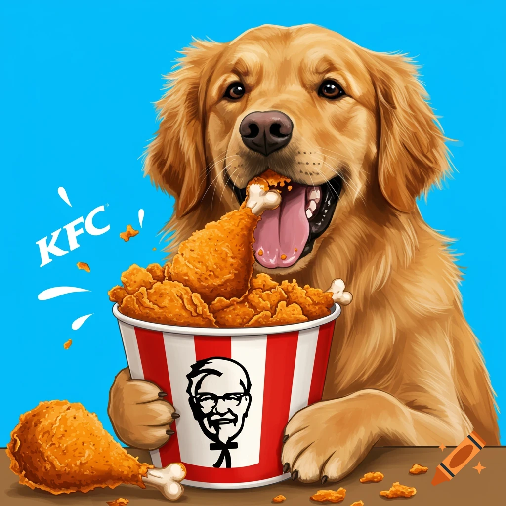 Illustration of a golden retriever dog eating fried chicken from a KFC ...