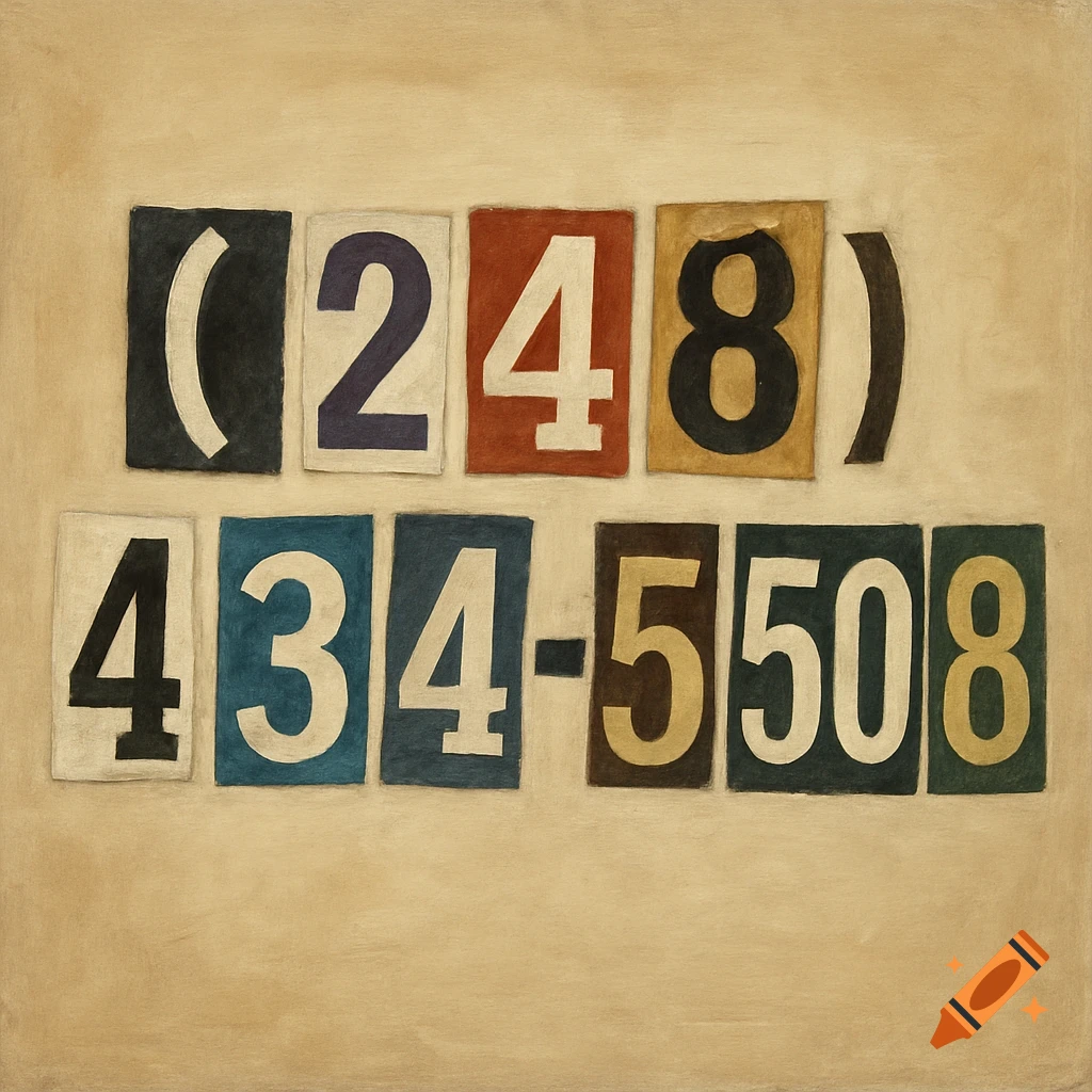 Numbers and symbols styled like a ransom note spelling out a phone ...