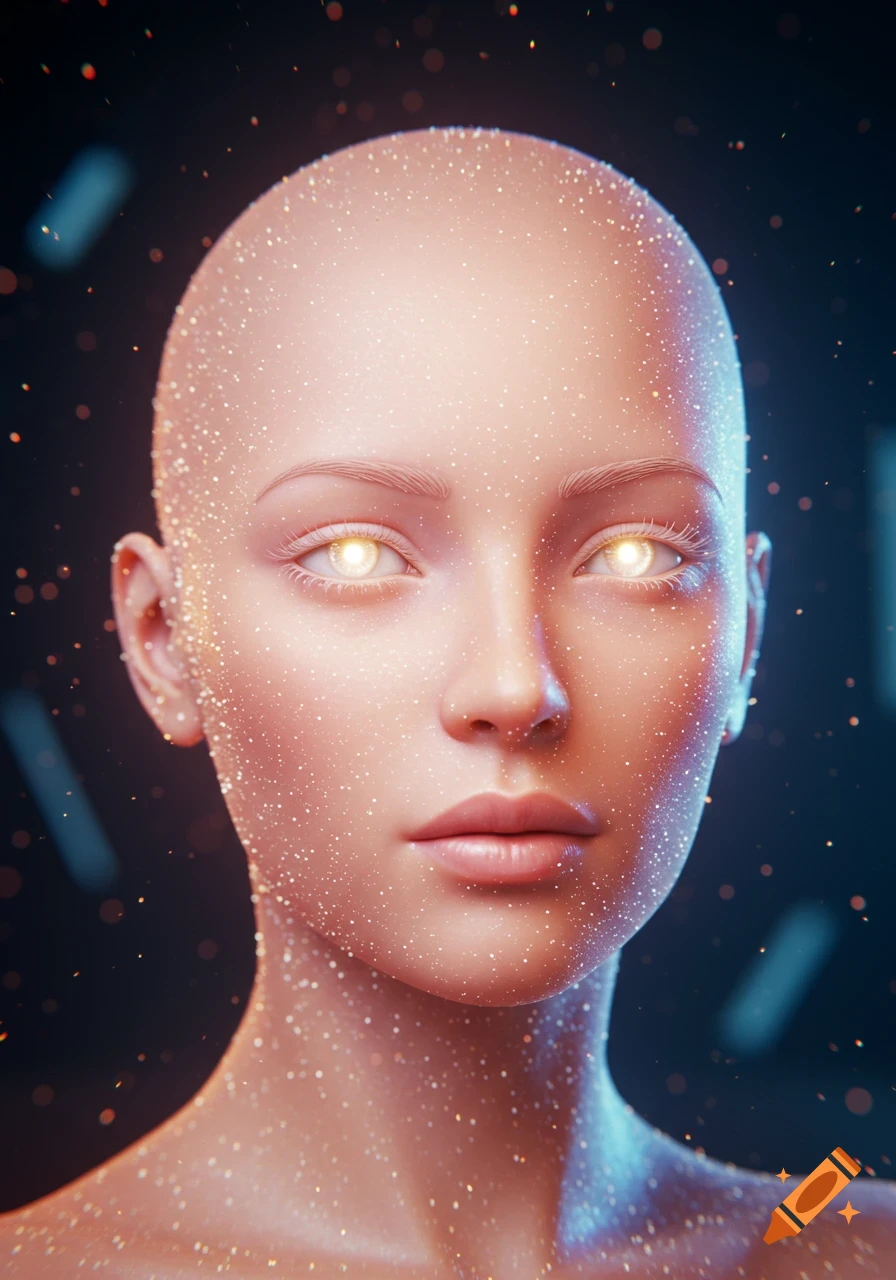 Close-up portrait of a bald female digital entity with glowing eyes and skin covered in ...