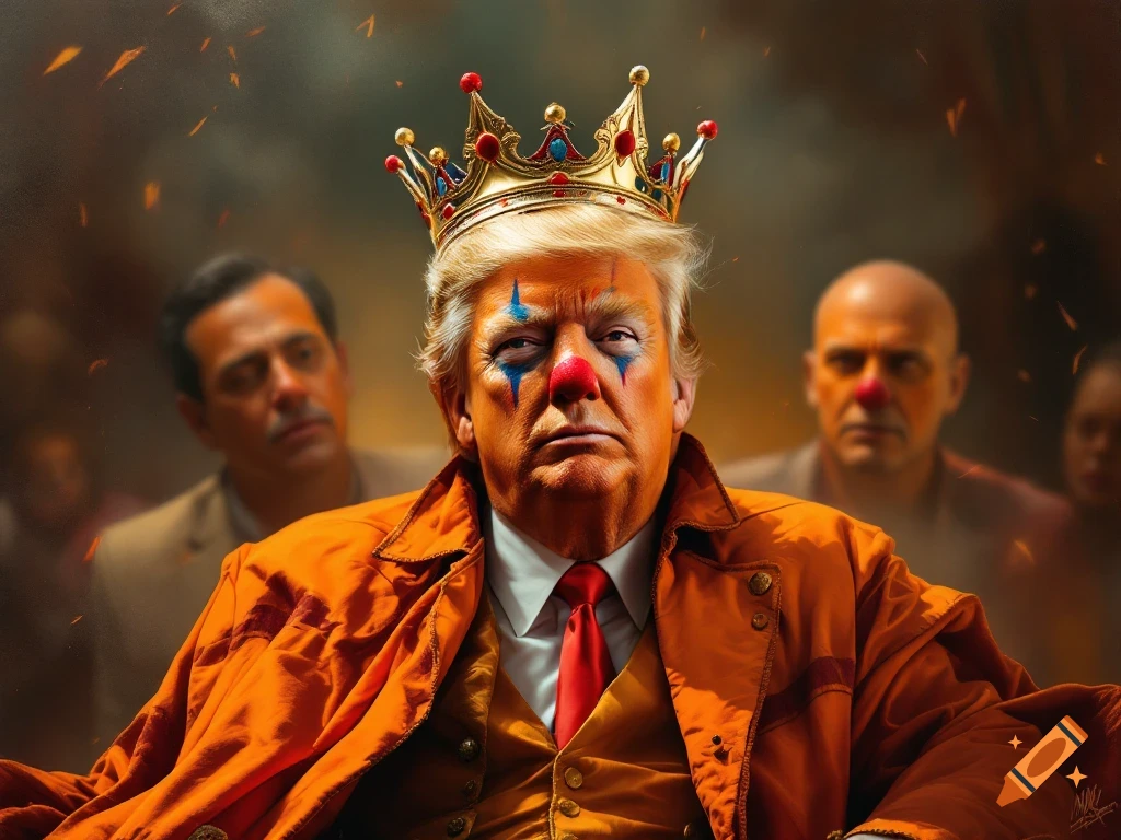Portrait of a man resembling Trump in clown makeup and crown, wearing ...