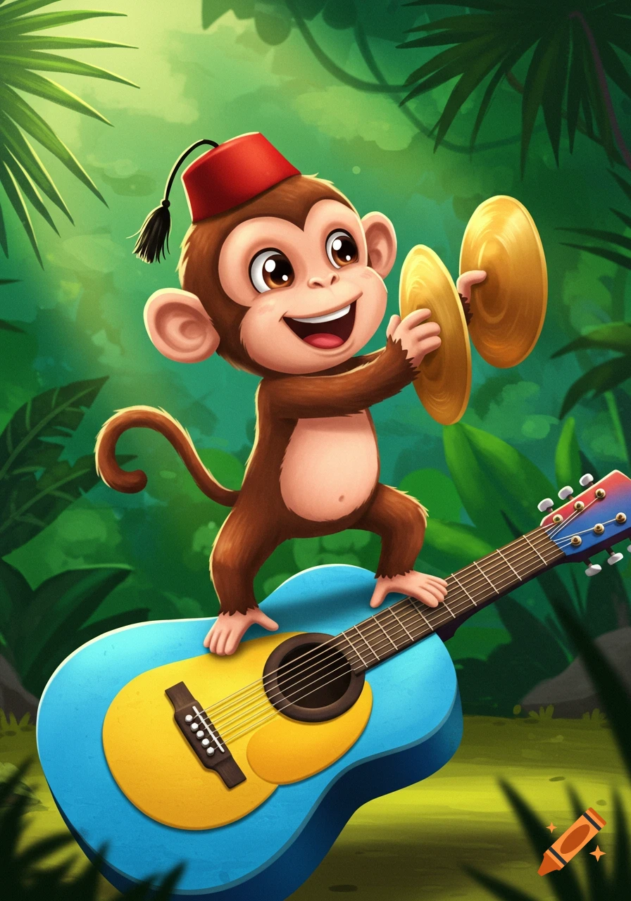 Cartoon monkey wearing a fez playing cymbals while standing on a guitar ...