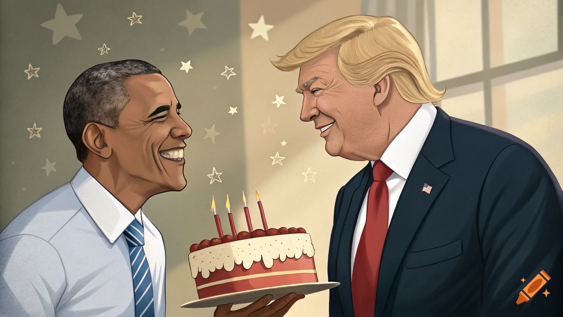 Cartoon caricature of Barack Obama and Donald Trump with a birthday ...