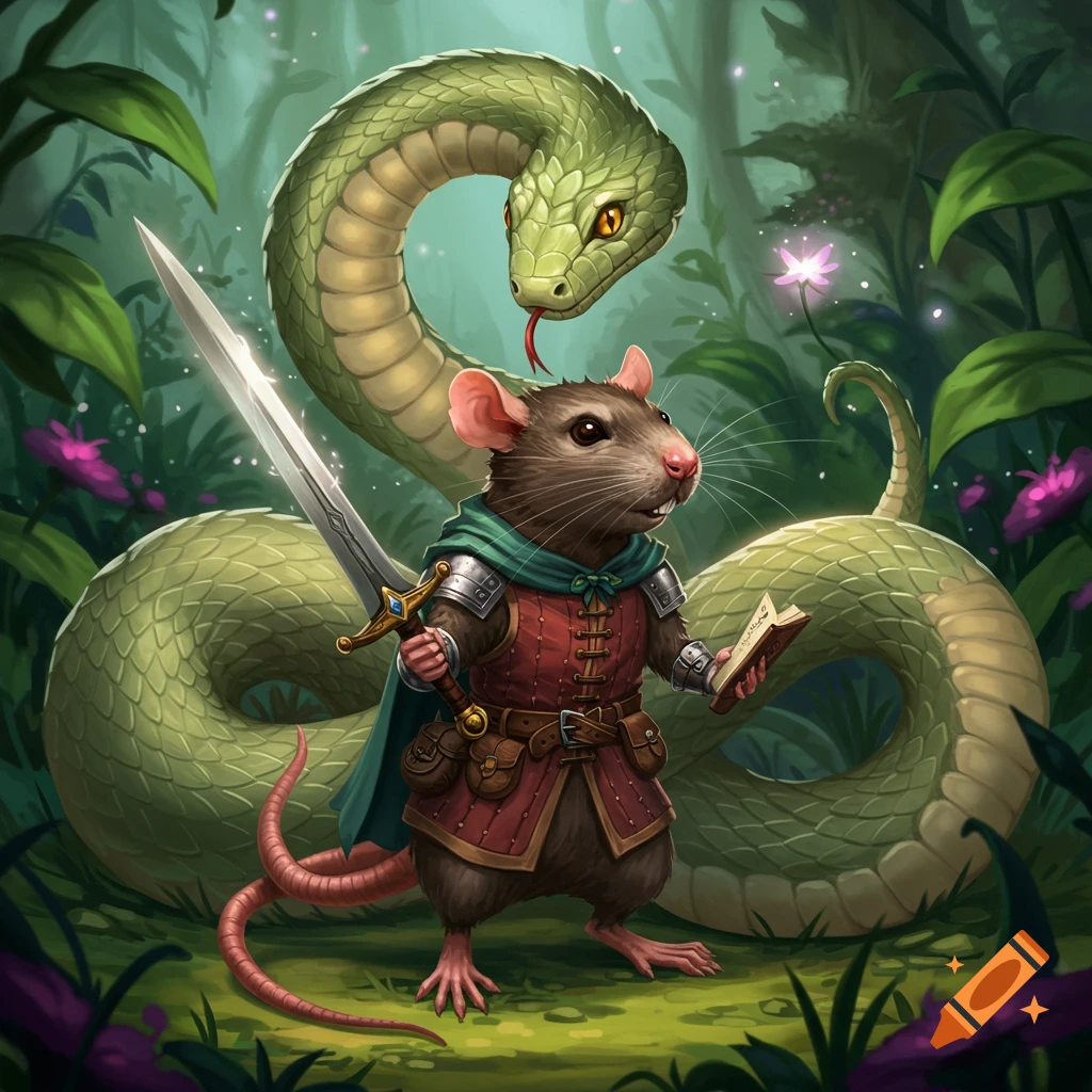 An armored mouse with a sword and book stands before a large green ...