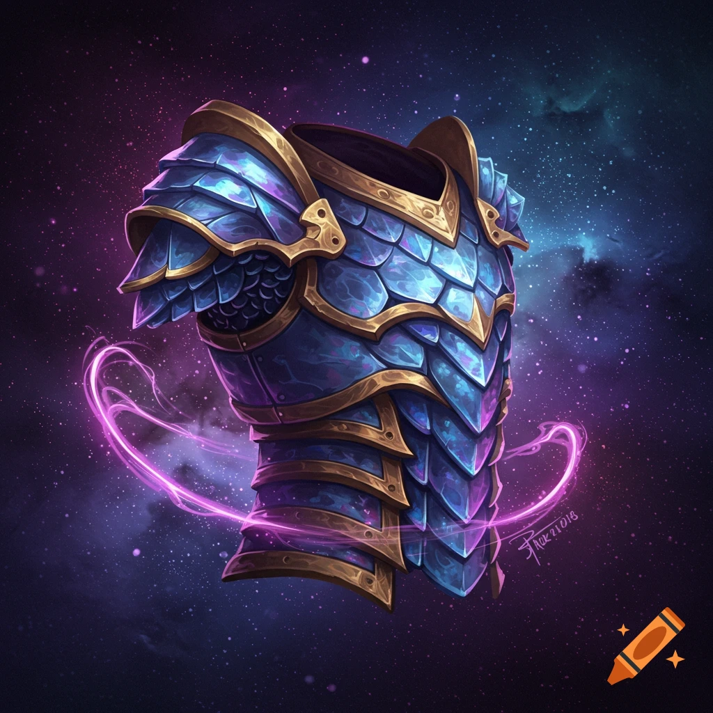 Fantasy scale mail armor floats in space. on Craiyon