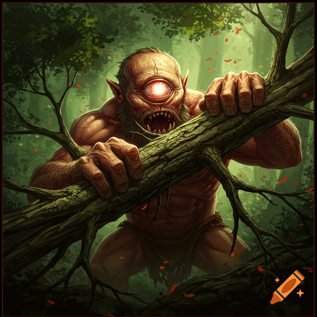 A hyper-realistic fantasy illustration of a cyclops holding a tree ...