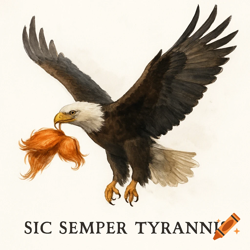 Watercolor of a bald eagle flying with an orange toupee in its beak ...