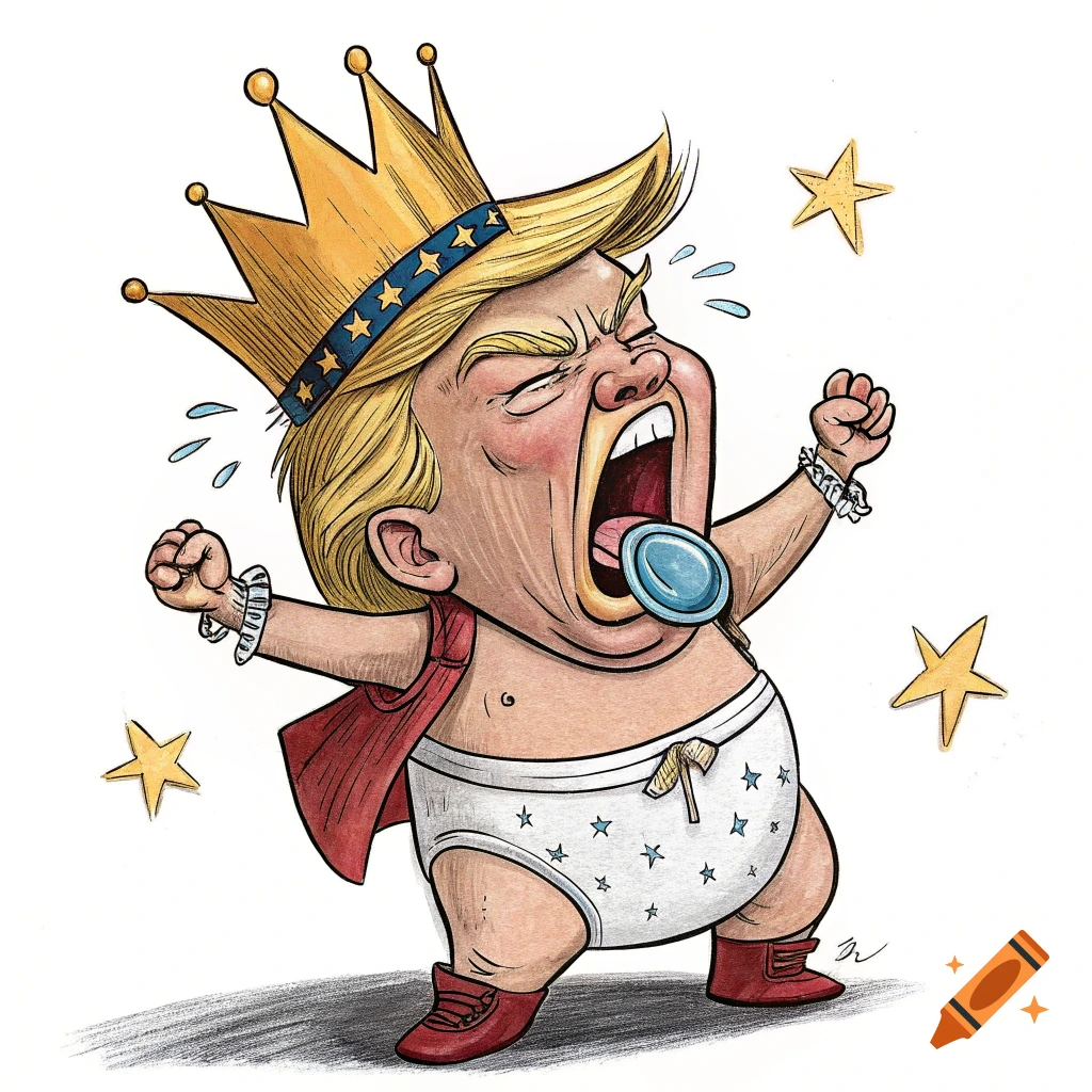 Caricature drawing of a crying baby Donald Trump wearing a crown ...