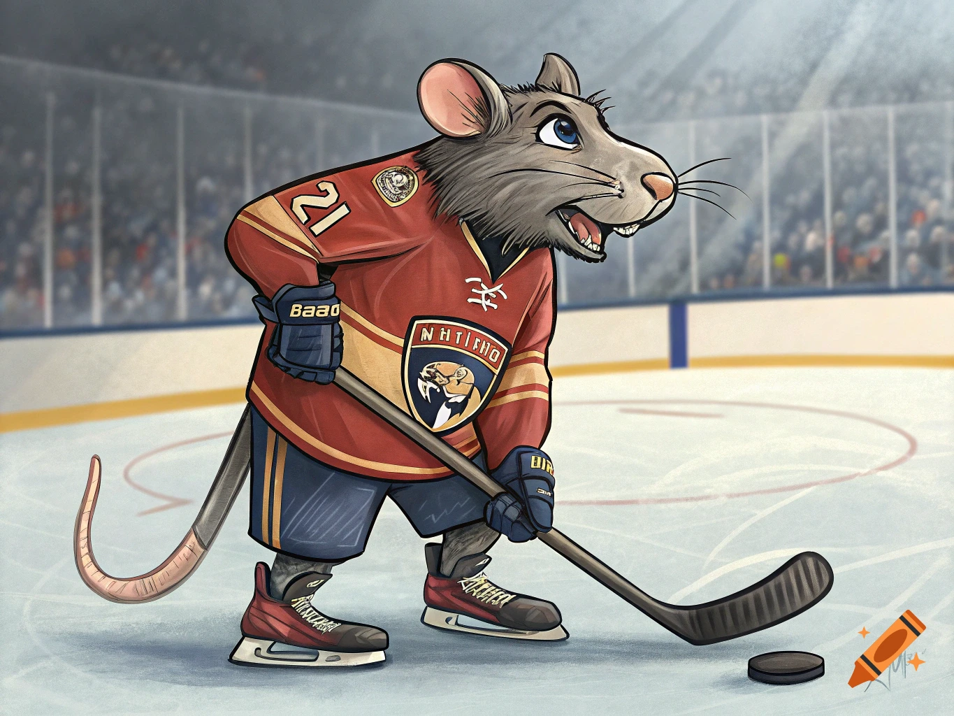 A cartoon rat wearing a red hockey jersey and holding a stick stands on ...
