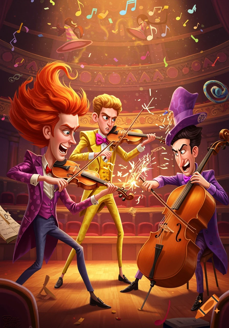 Cartoon musicians fight with instruments on stage in an auditorium ...