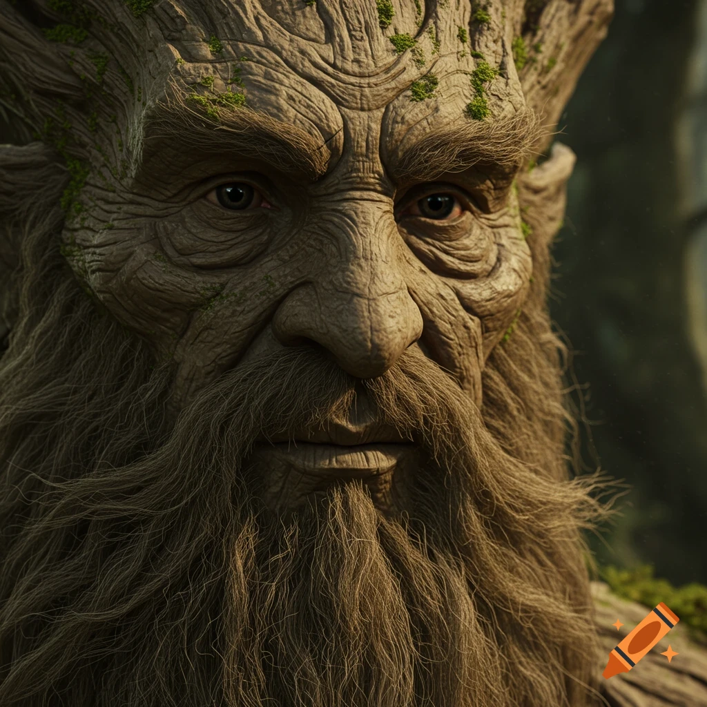 Photorealistic close-up of a fantasy tree creature face. on Craiyon