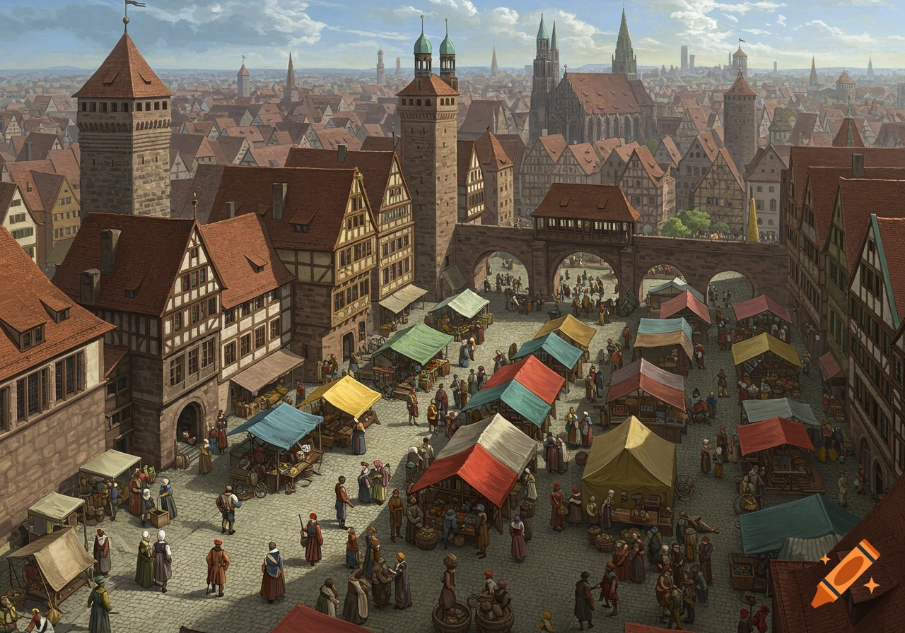 An elevated view of a bustling market square in a historical European ...