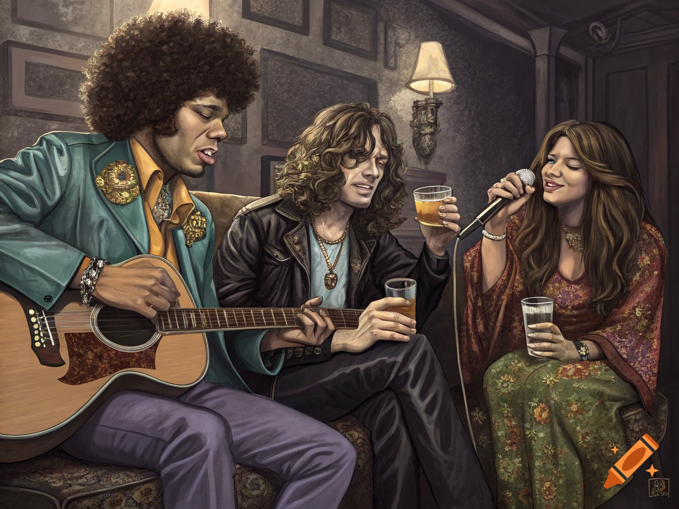 Three musicians playing music and drinking indoors in a painterly style ...