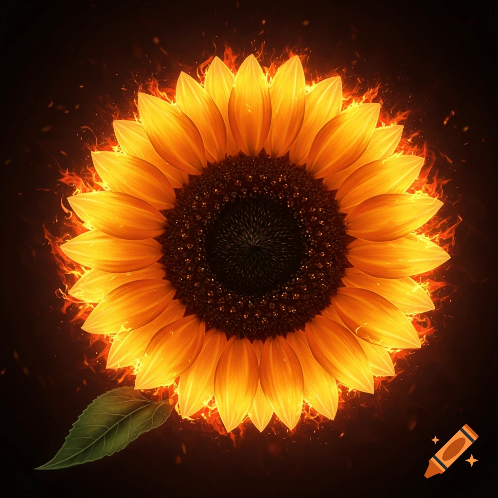 A vibrant sunflower with its petals transformed into bright flames, set ...
