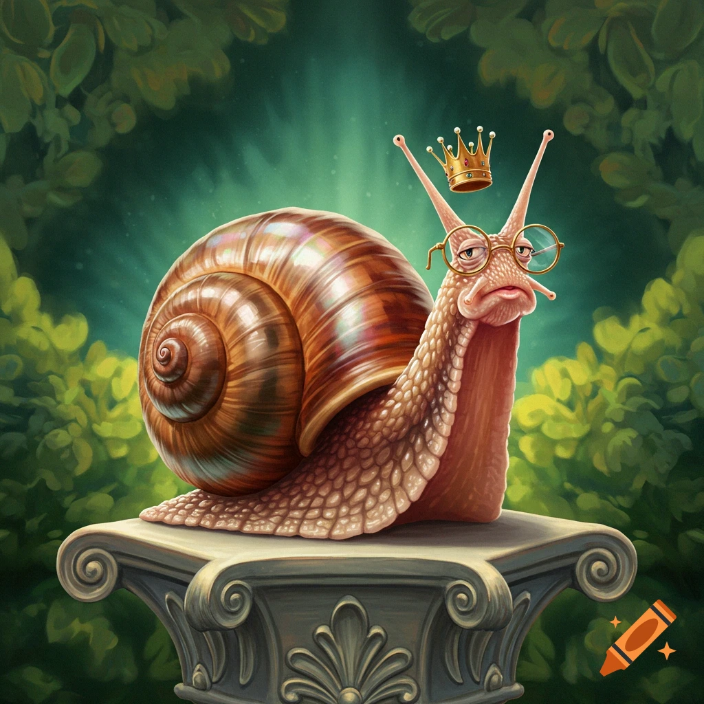 An illustration of a snail wearing a crown and glasses, sitting on a ...