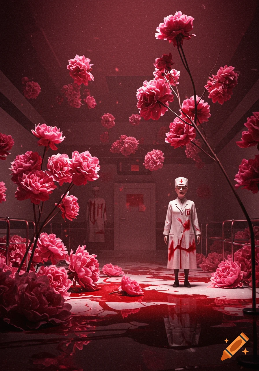 Surreal scene in a hospital corridor filled with large pink flowers ...