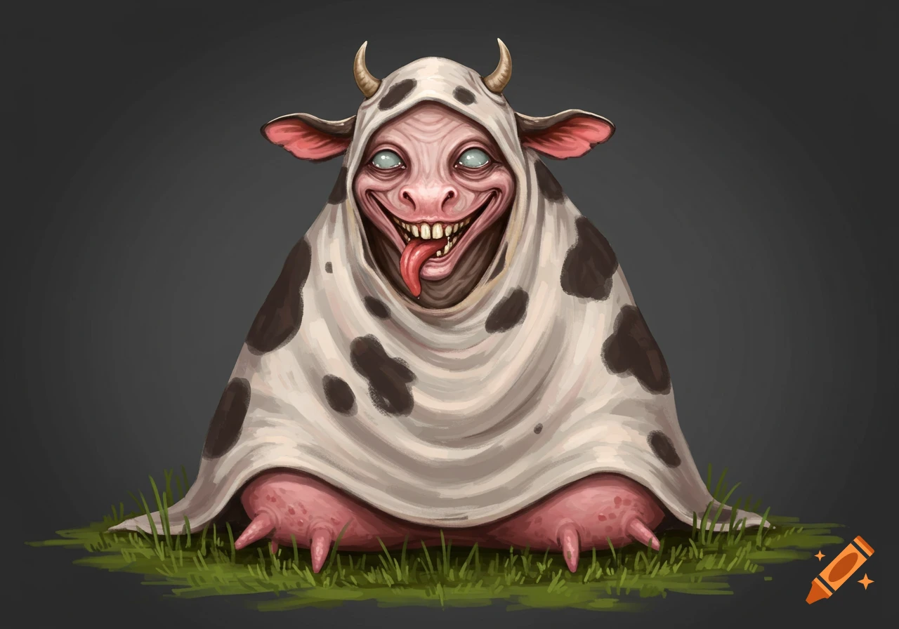 Grotesque cow creature wrapped in its udder, sitting in grass with a ...