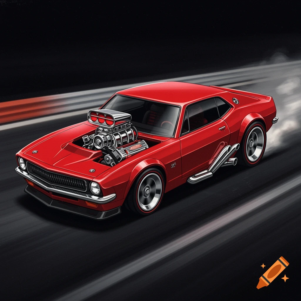 Illustrated red muscle car with a supercharger speeding on a dark road ...