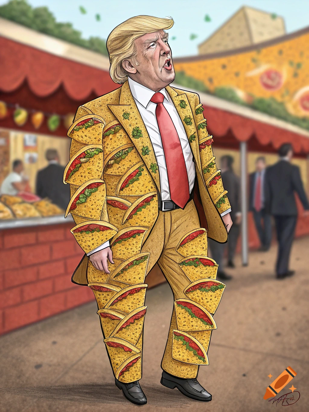 Caricature of Donald Trump wearing a suit made of tacos in a ...