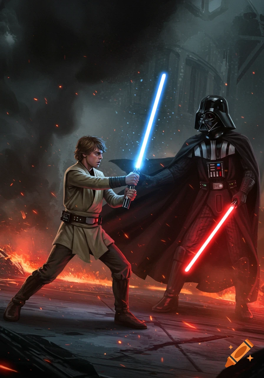 Luke Skywalker battles Darth Vader with lightsabers in a fiery ruin on ...