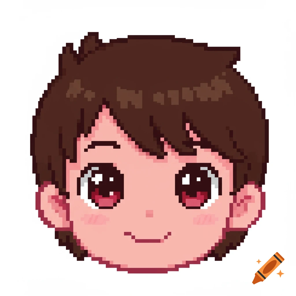 Pixel art chibi head with brown hair and big eyes. on Craiyon