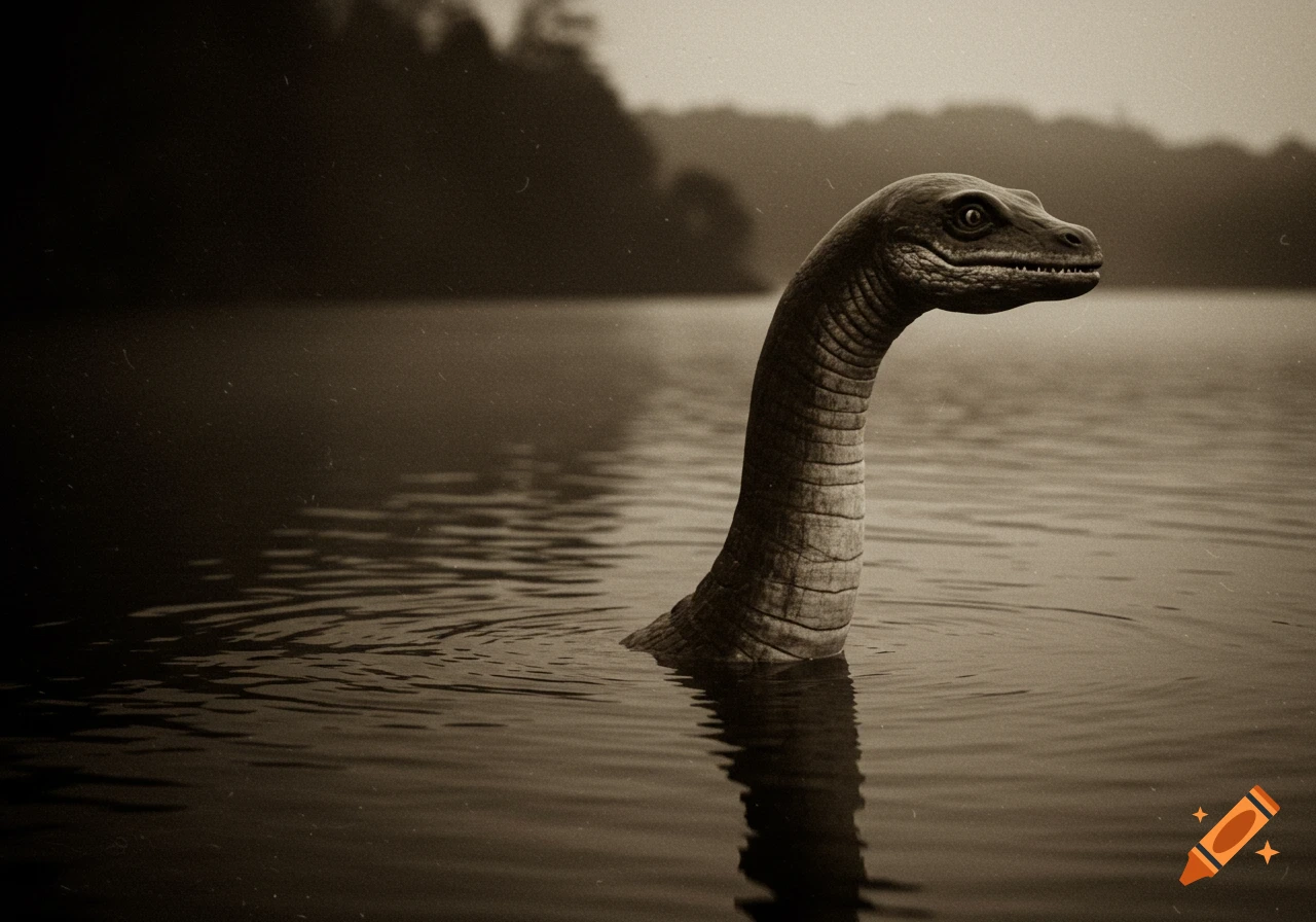 Loch Ness Monster head emerges from lake in grainy sepia photograph on ...