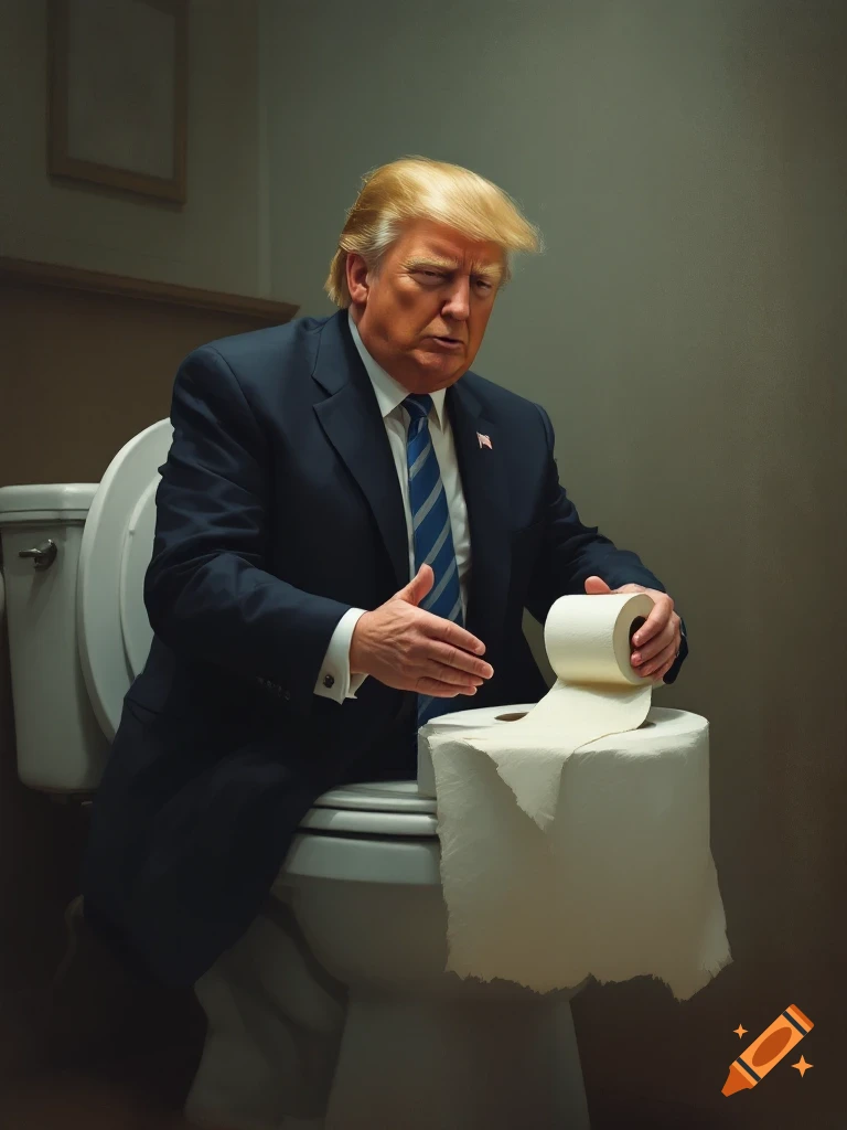 Photorealistic image of Donald Trump sitting on a toilet, reaching for ...