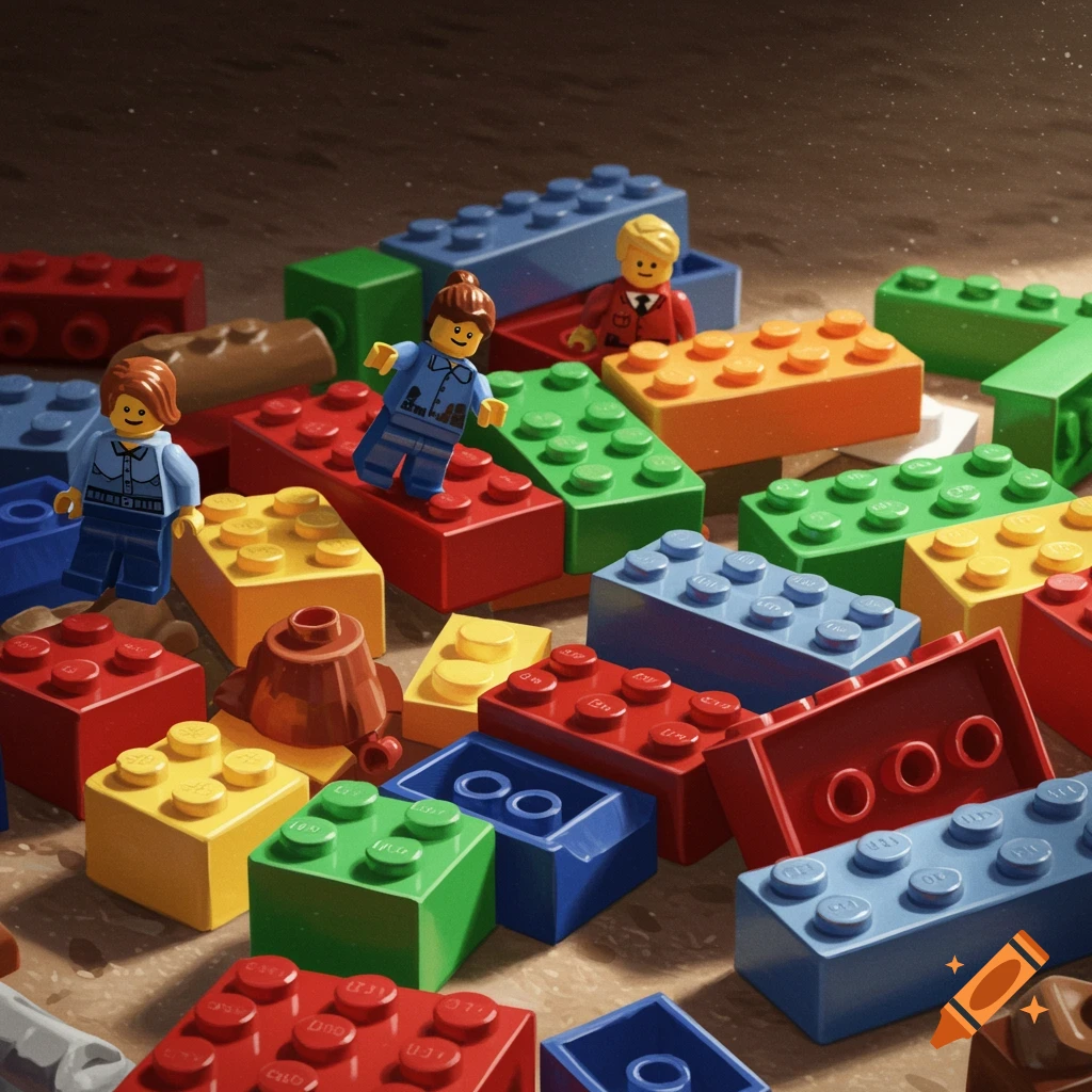 Colorful Lego bricks and figures scattered on a surface. on Craiyon