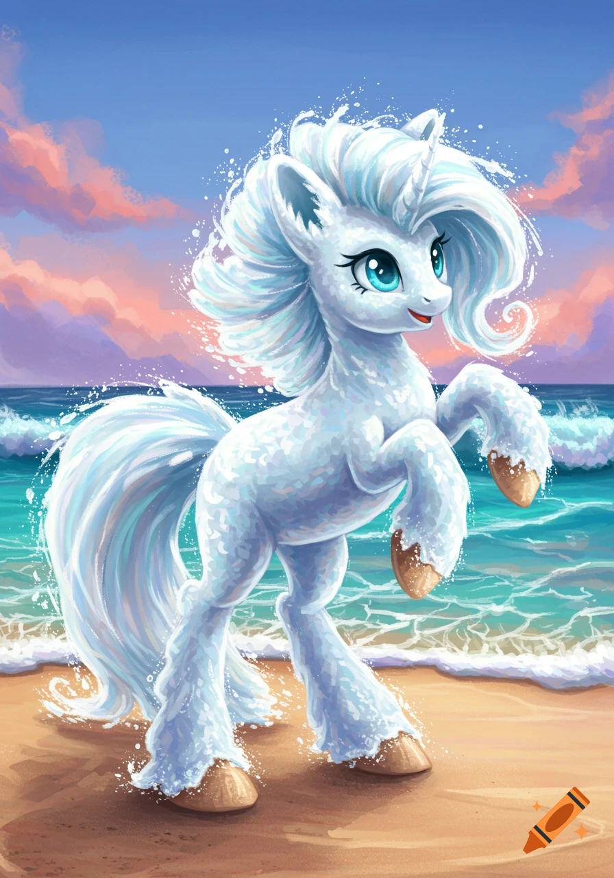 A My Little Pony style sea foam creature stands on a beach with waves ...