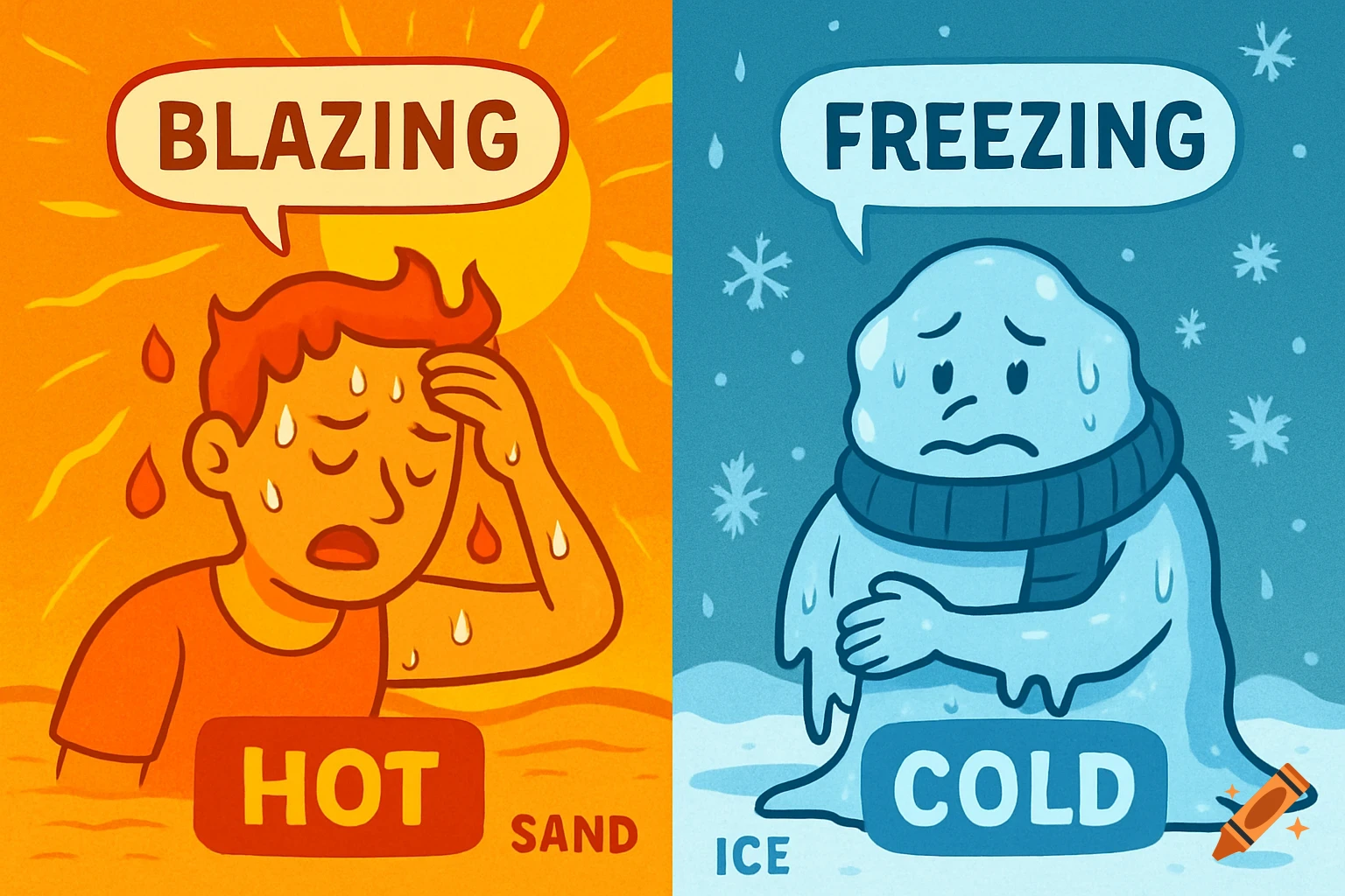 Cartoon illustration comparing a sweating person feeling blazing hot on ...