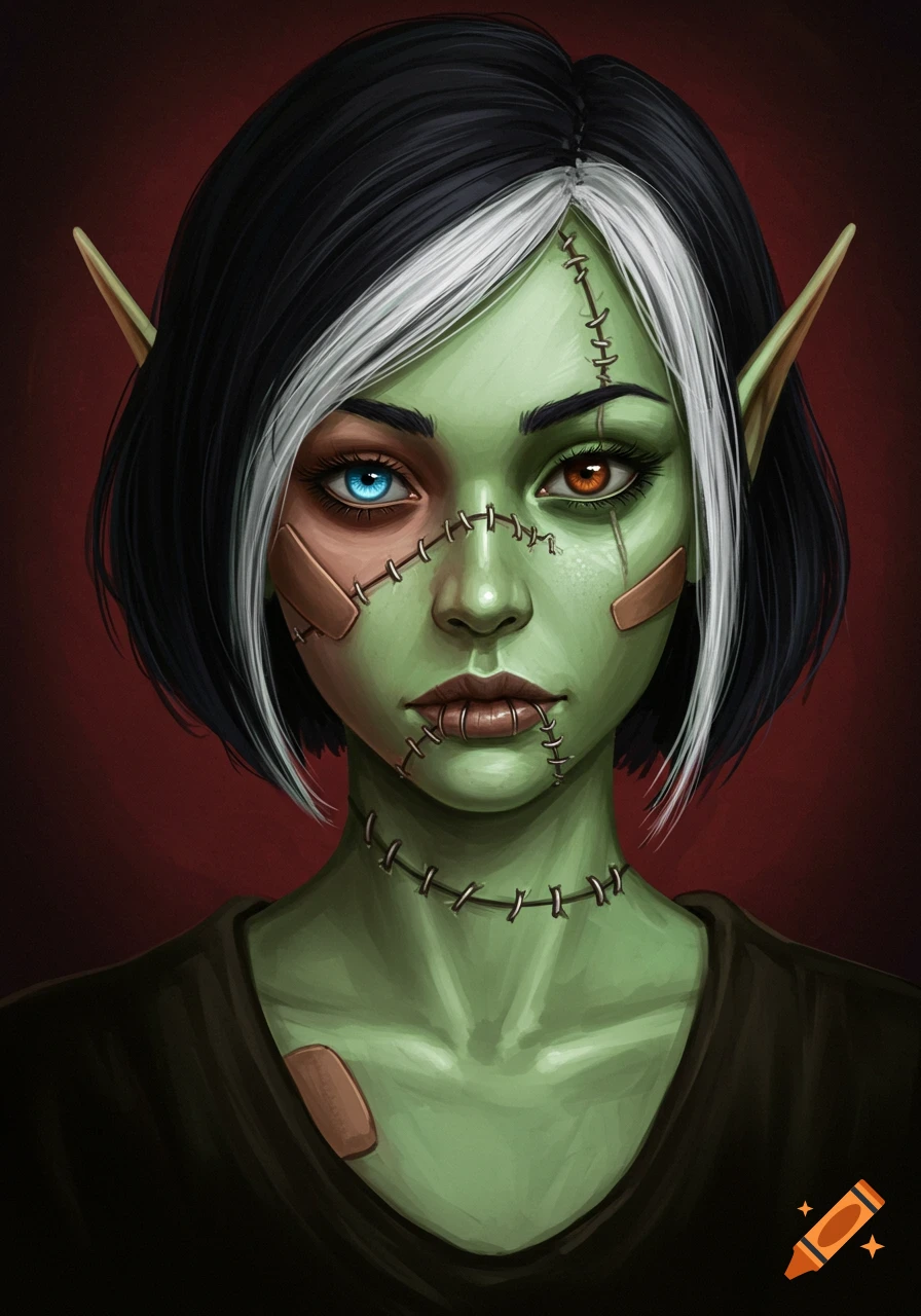 A digital painting of a zombie elf woman with green skin, black hair ...