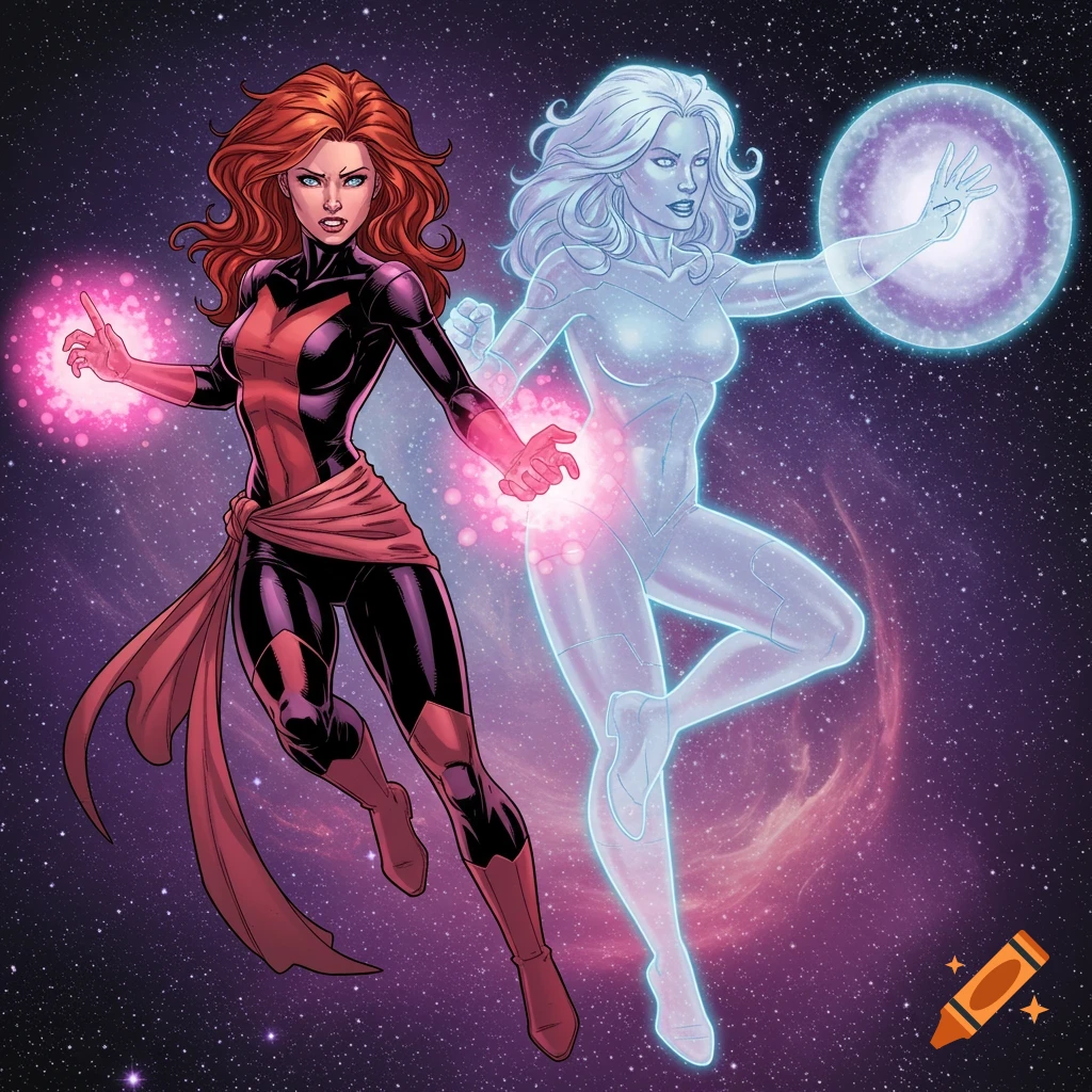 Jean Grey and Invisible Woman float in space, using their powers in a ...