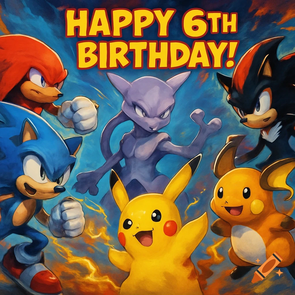 Sonic, Knuckles, Shadow, Mewtwo, Pikachu, and Raichu celebrating a 6th ...