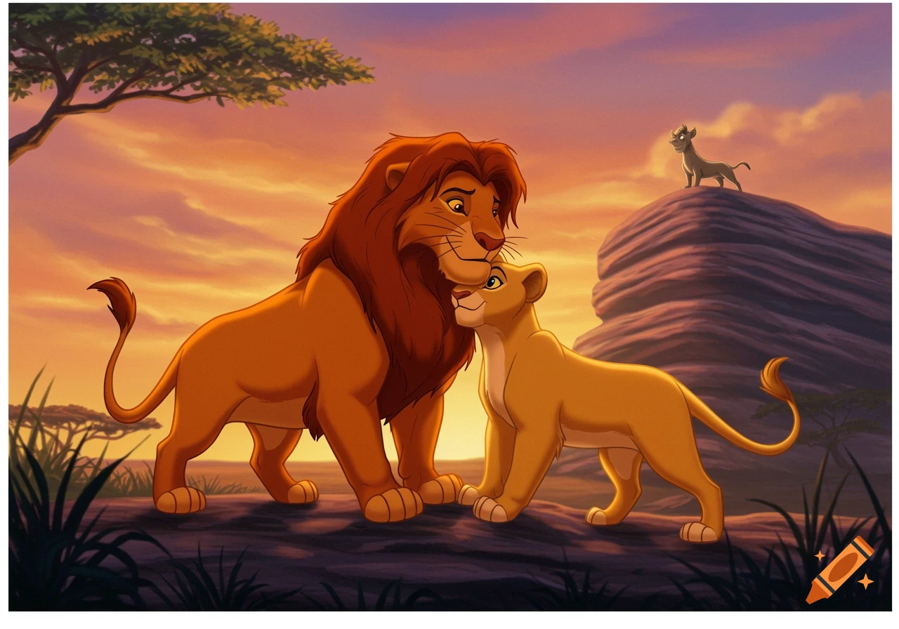 Cartoon lions nuzzling in a savanna sunset with a hyena in the ...