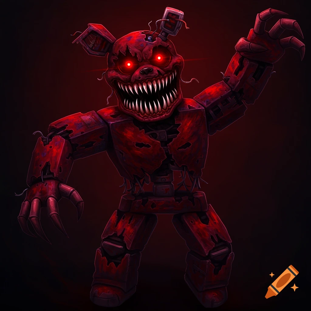 A menacing red robotic monster with sharp teeth and glowing red eyes ...
