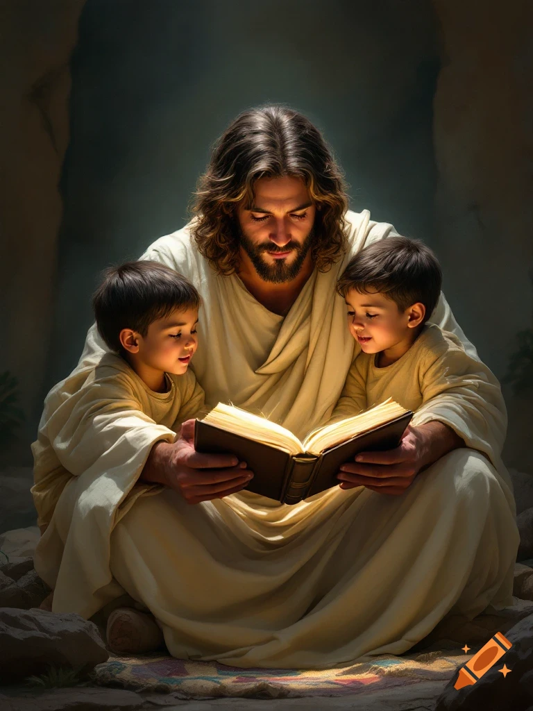 Jesus reads a glowing book to two children in a rocky setting. on Craiyon