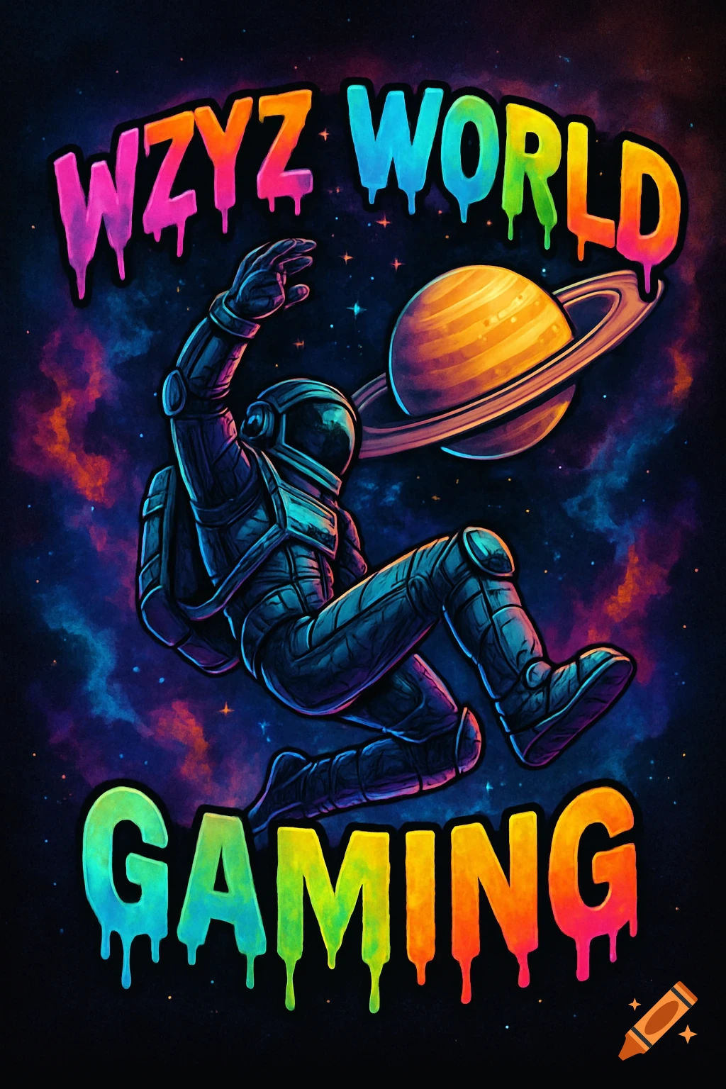 An astronaut floats in space near Saturn, with colorful dripping text ...