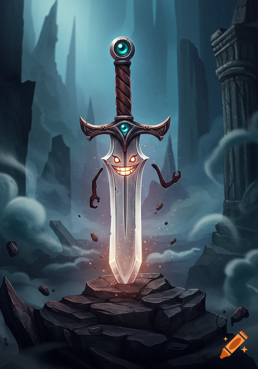 A glowing cartoonish talking sword stands on rocks in a dark fantasy ...