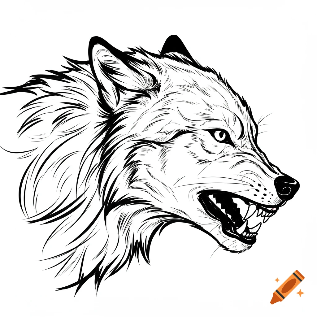 Line art drawing of a snarling wolf head in side profile. on Craiyon