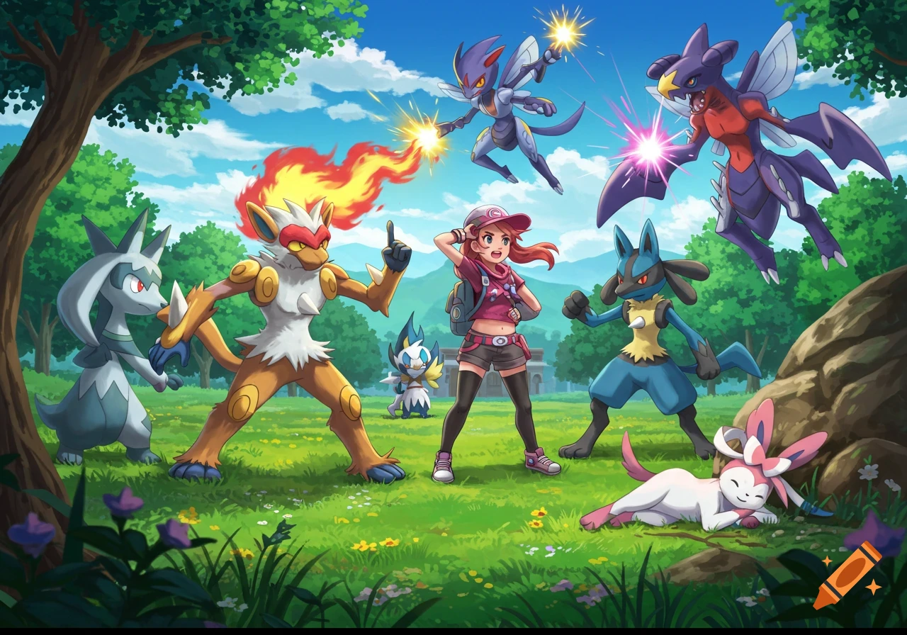 A Pokemon trainer and her Pokemon training in a grassy field on Craiyon