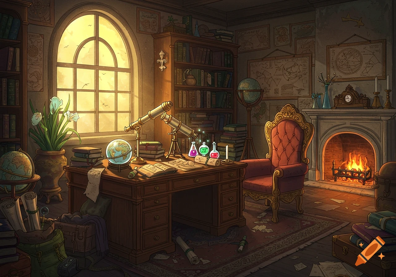A wizard's study with books, maps, a telescope, globe, and fireplace by ...
