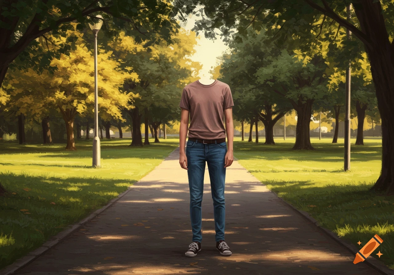 A headless person stands on a path in a park, rendered in a painterly ...