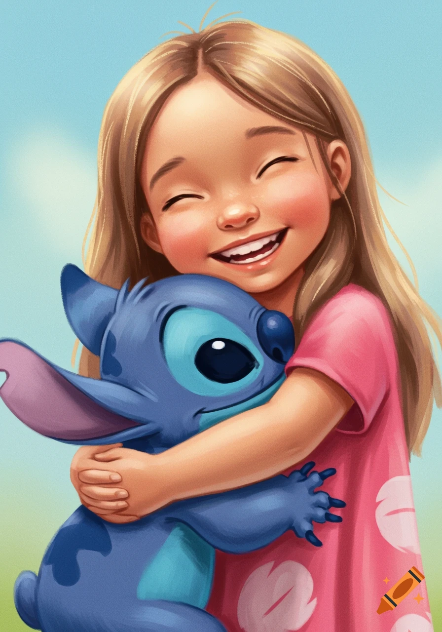 Illustration of a happy girl hugging Stitch from Lilo & Stitch. on Craiyon