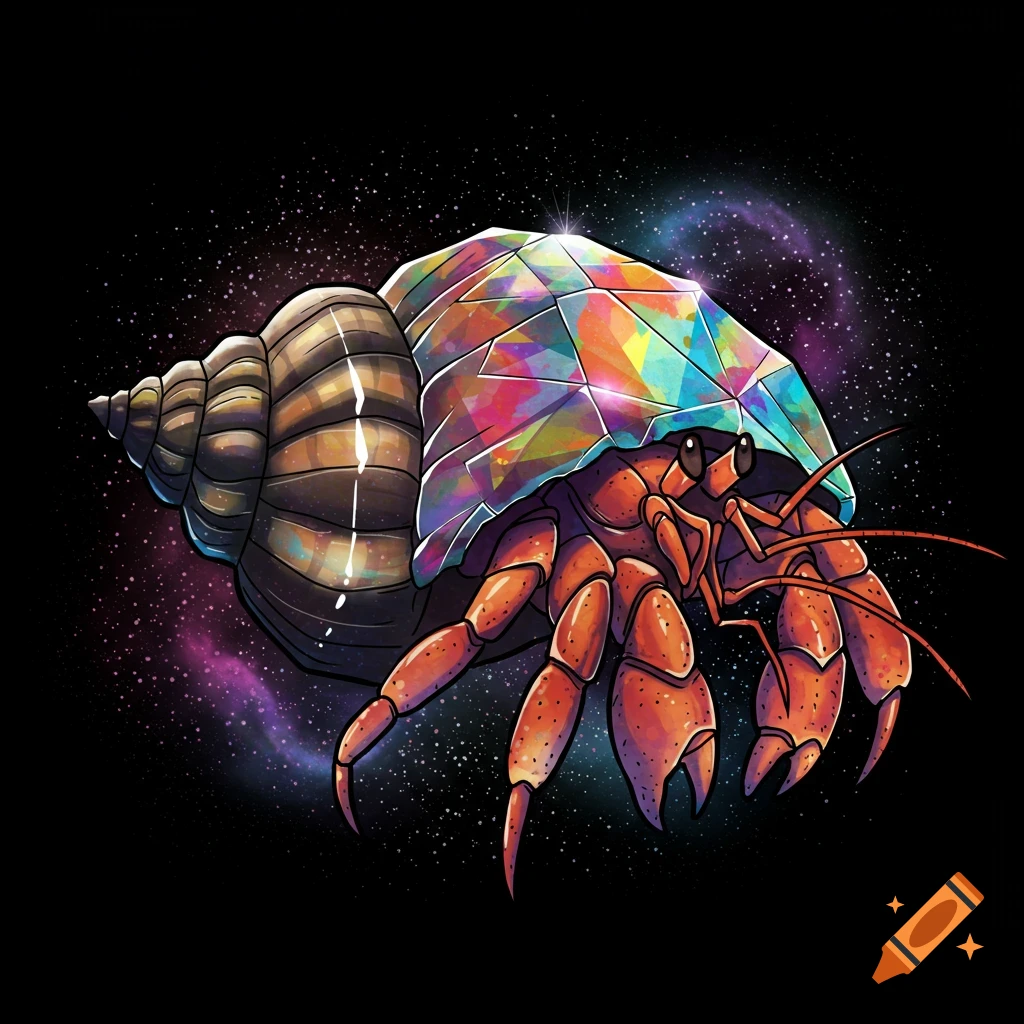 Stylized illustration of a hermit crab with a colorful diamond shell in ...